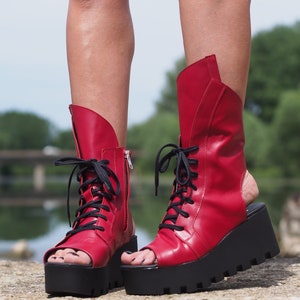 Red Genuine Leather Summer Bootswomen Genuine Leather Summer - Etsy