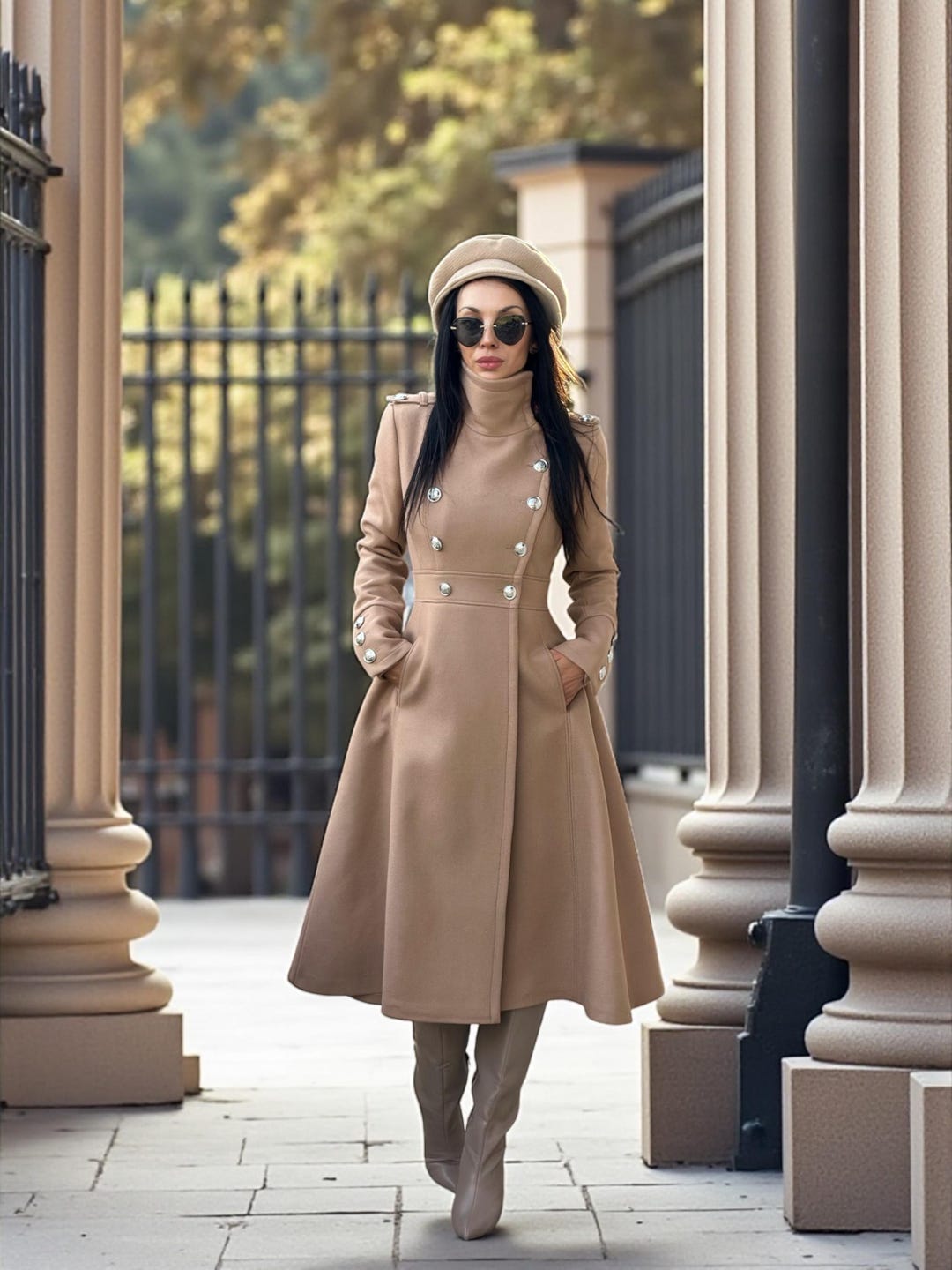 Long Camel Wool Coat for Women, Elegant Double Breasted Winter Overcoat ...