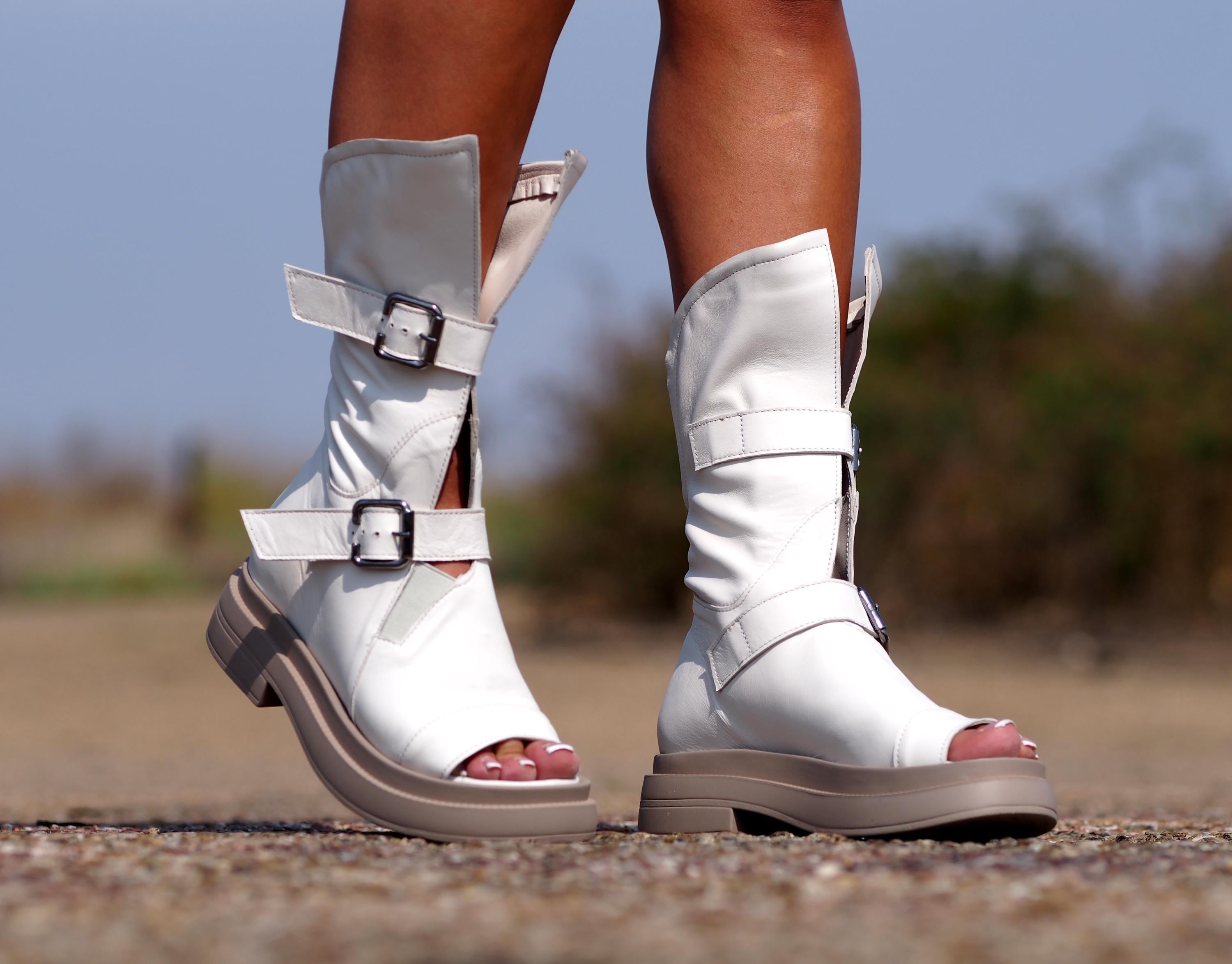 Women's Genuine Leather Summer Boots,open Toe Leather Boots, Peep Toe ...