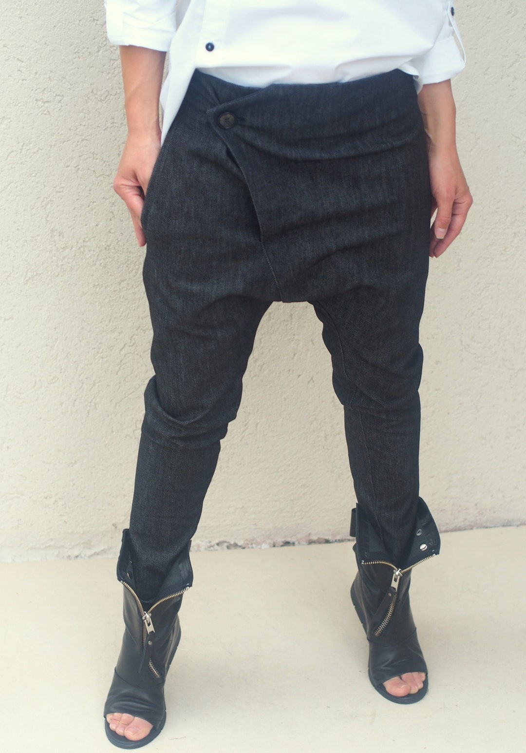 Black Drop Crotch Pants/drop Crotch Denim Pants/women Drop Crotch Pants ...