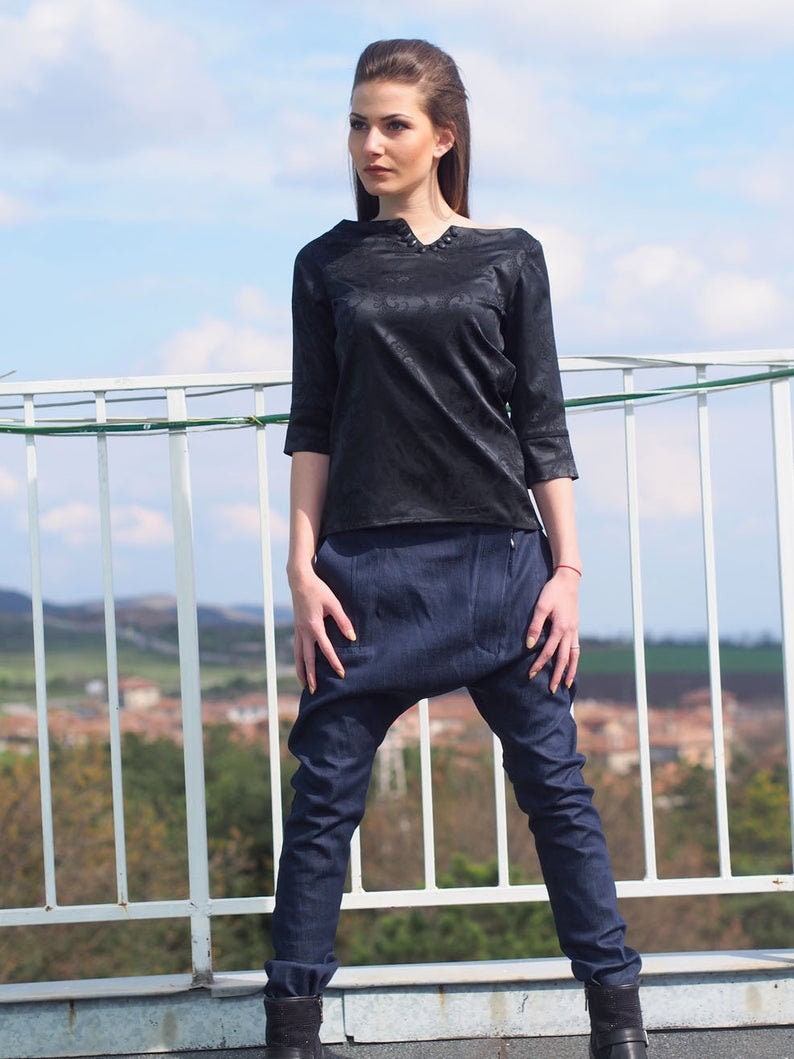 Women Drop Crotch Pants/denim Drop Crotch Pants/loose Casual | Etsy