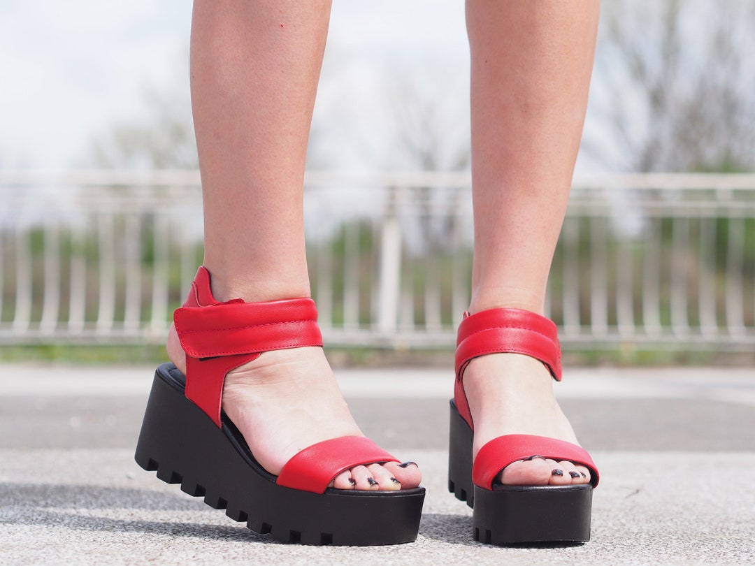Red Genuine Leather Platform Sandals/woman Must Have Wedges/woman ...