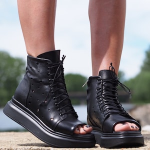 Women's Open Toe Leather Boots,women Leather Sandals, Genuine Leather ...