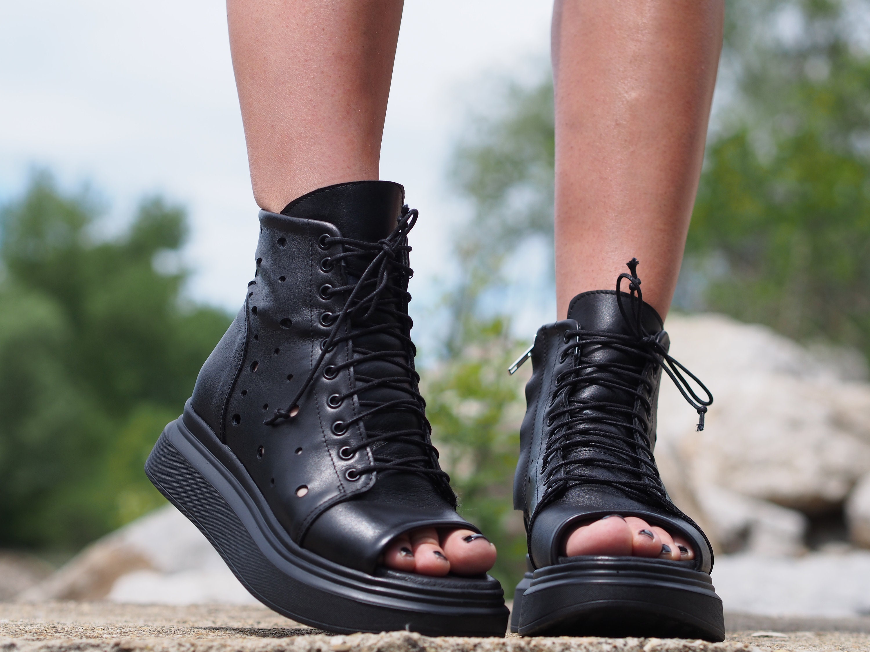 Women's Open Toe Leather Boots,women Leather Sandals, Genuine Leather ...