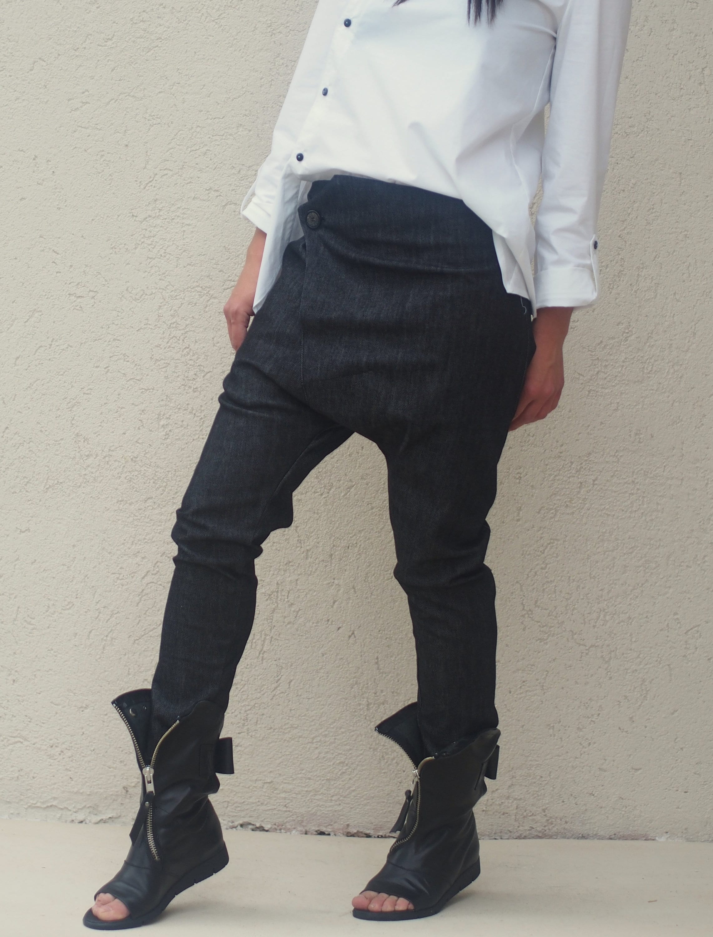 Black drop crotch pants/drop crotch denim pants/women drop | Etsy