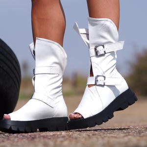 Women's Genuine Leather Summer Boots,white Leather Open Toe Booties,cut ...
