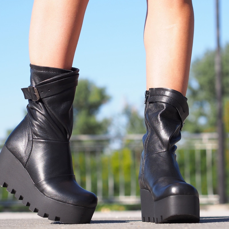 Women Black Wedge Boots - Etsy