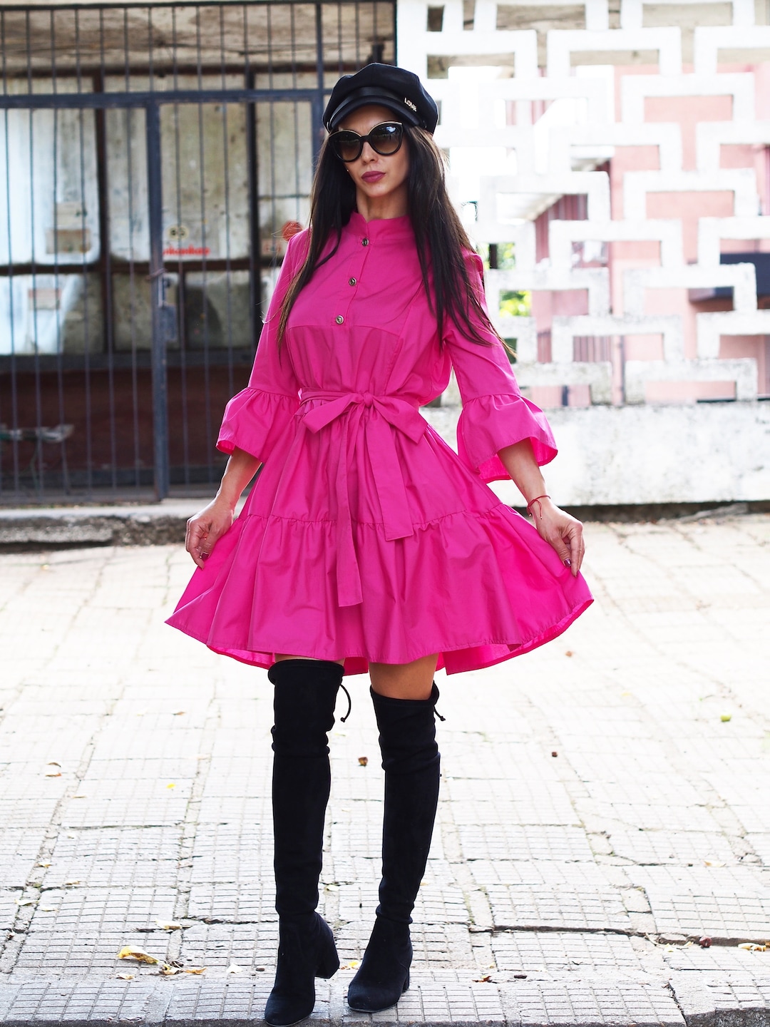 Hot Pink Ruffle Dress – Button-up Cotton Mini Dress With Waist Tie ...