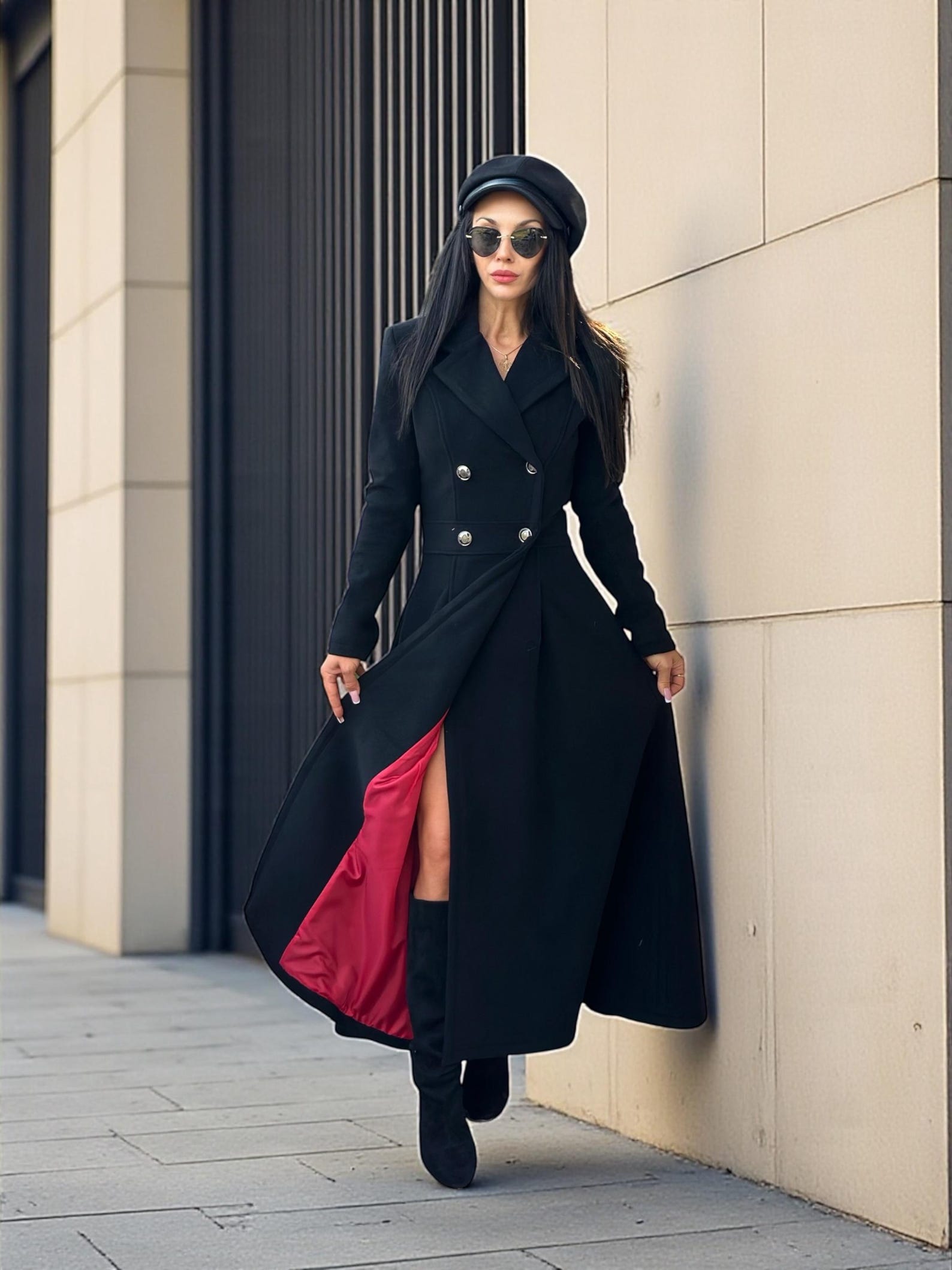 Long Black Wool Coat With Red Lining | Handmade Winter Coat Women ...