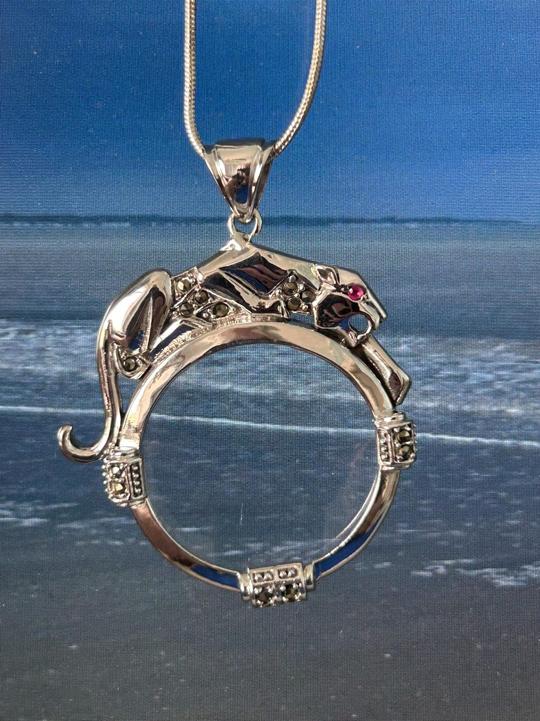 Magnifying Glass Loupe : Panther Sterling Silver Marcasite & Faux Ruby ...
