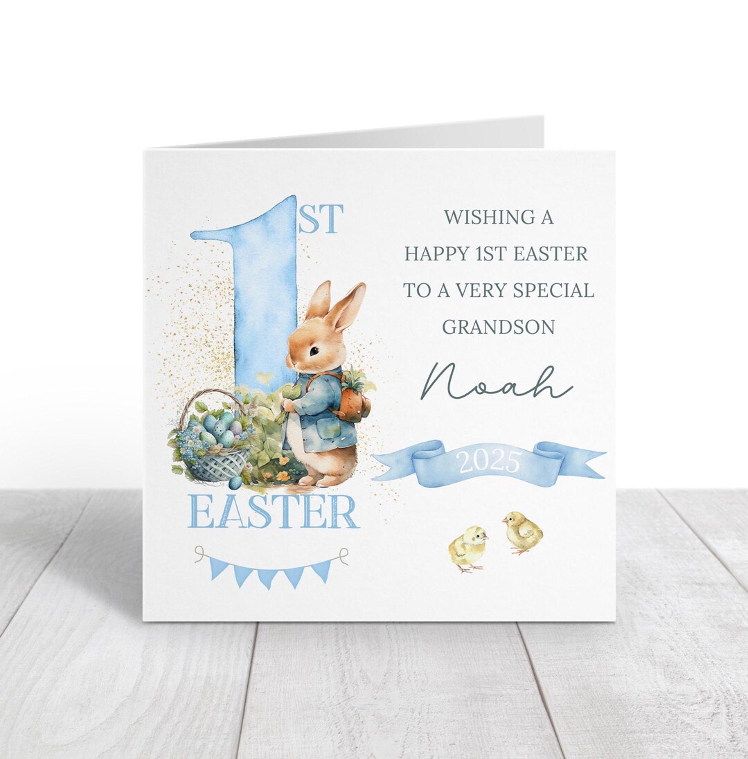 Personalised Rabbit Happy 1st Easter Card for Grandson, Any Name ...