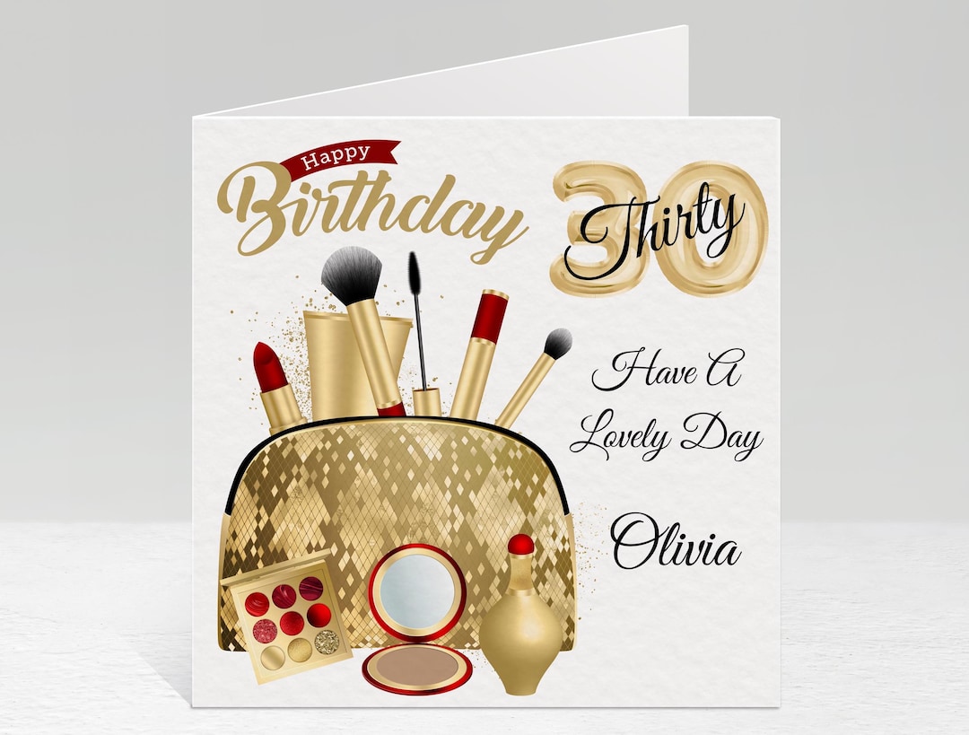 Personalised Makeup & Beauty Birthday Card, Red Gold, Any Age 30th 40th ...