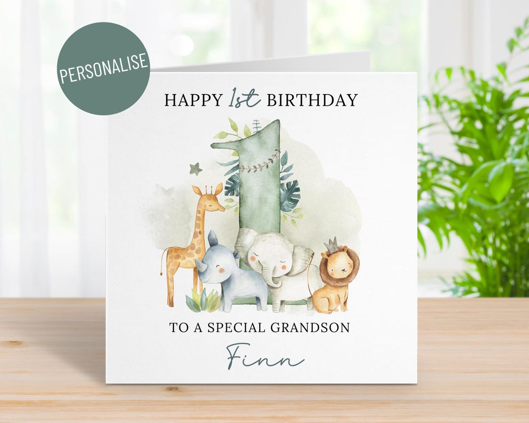 Personalised Safari Animal 1st Birthday Card, Age 1 Years, Kids Unisex ...