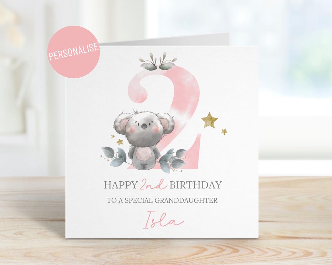 Personalised Koala Bear 2nd Birthday Card for Girls, Age Two 2 Years ...