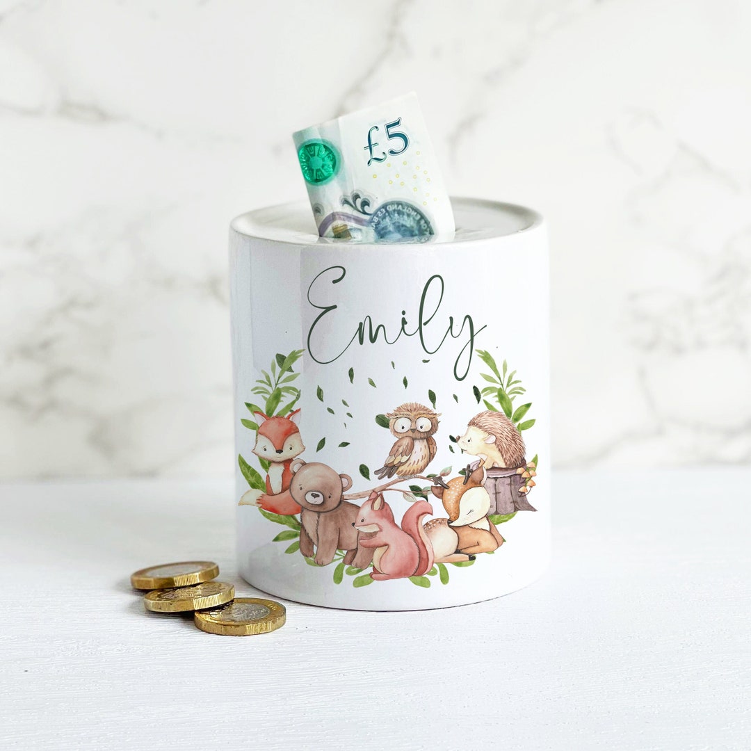 Personalised Woodland Animal Money Box, Ceramic Coin Bank, Name Gifts ...