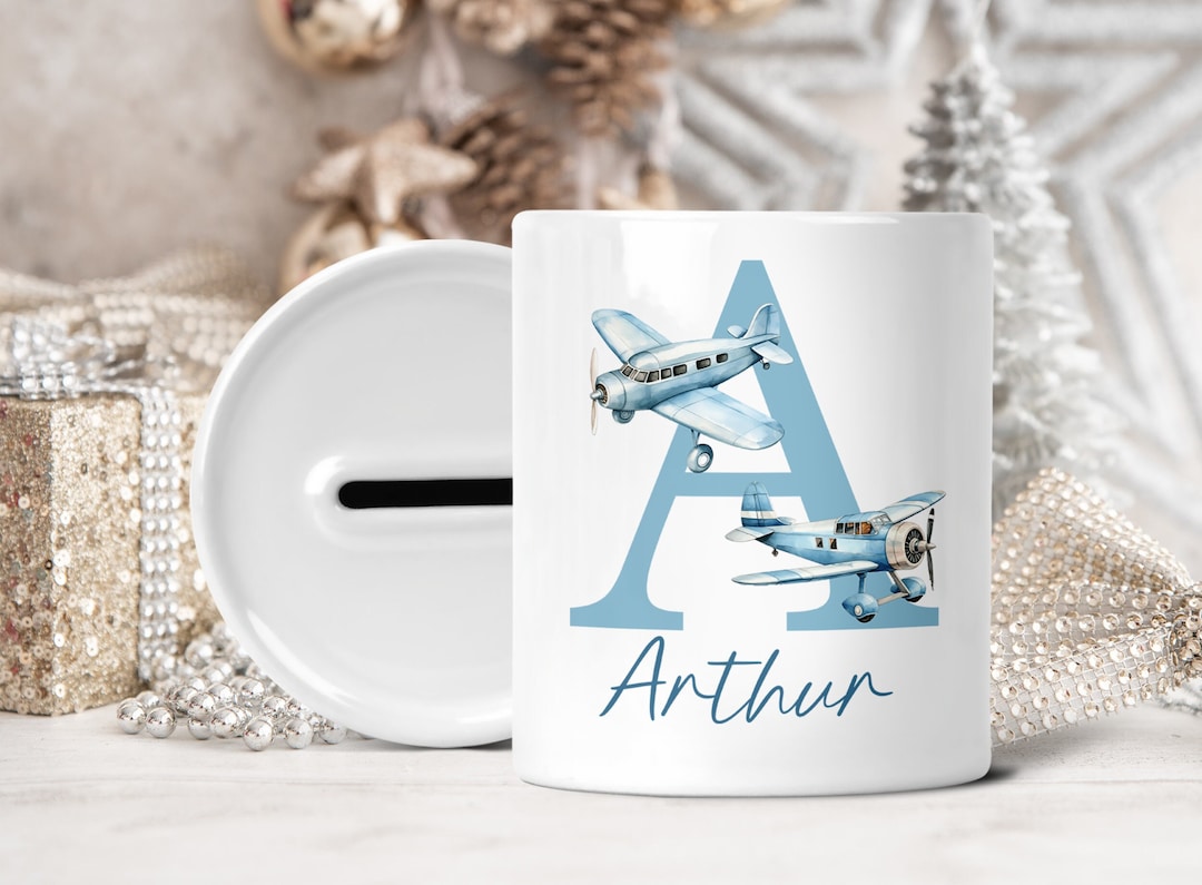 Personalised Money Box, Airplane Aeroplane Print, Ceramic Coin Bank ...
