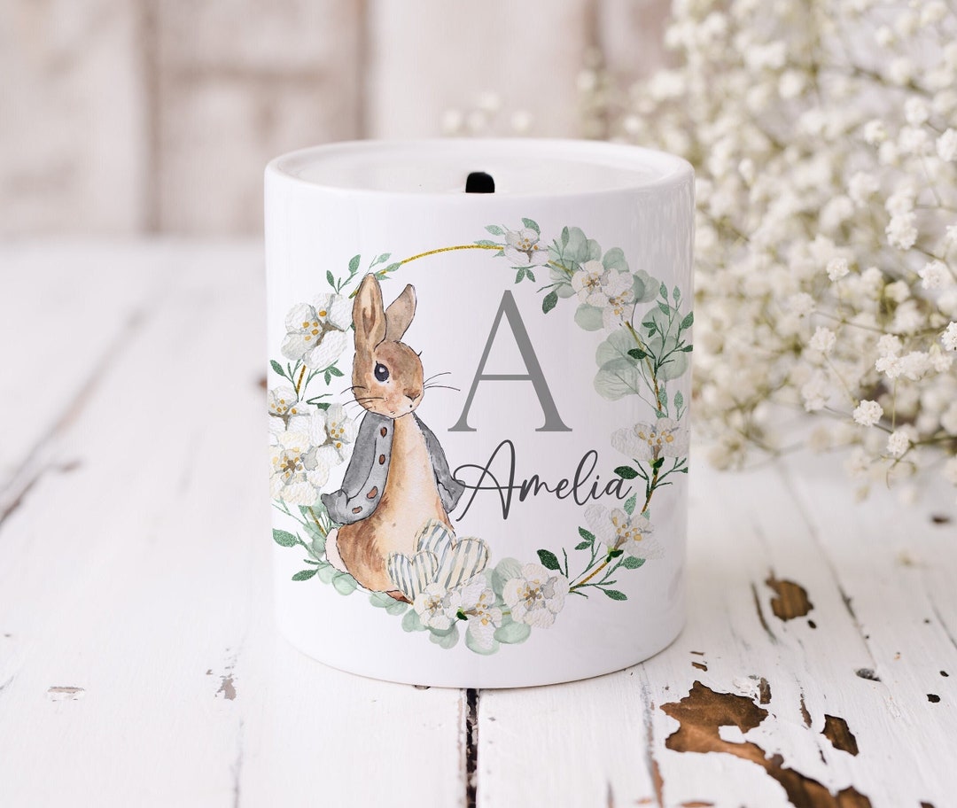 Personalised Grey Bunny Rabbit Money Box, Ceramic Coin Bank, Birthday ...