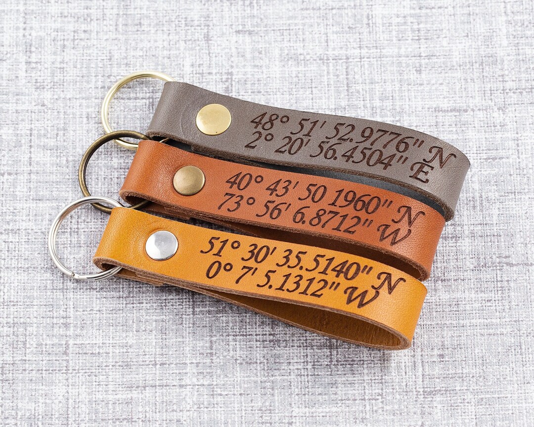 Personalised Coordinates Keyring, Leather Keychain, GPS Latitude ...