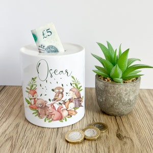 Personalised Woodland Animal Money Box, Ceramic Coin Bank, Name Gifts ...