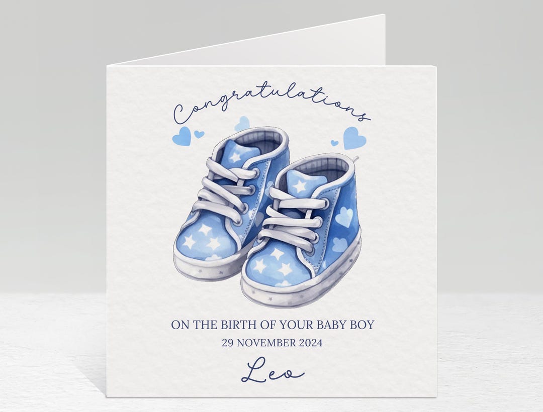 Personalised New Baby Boy Card, Blue Baby Shoes Sneakers ...