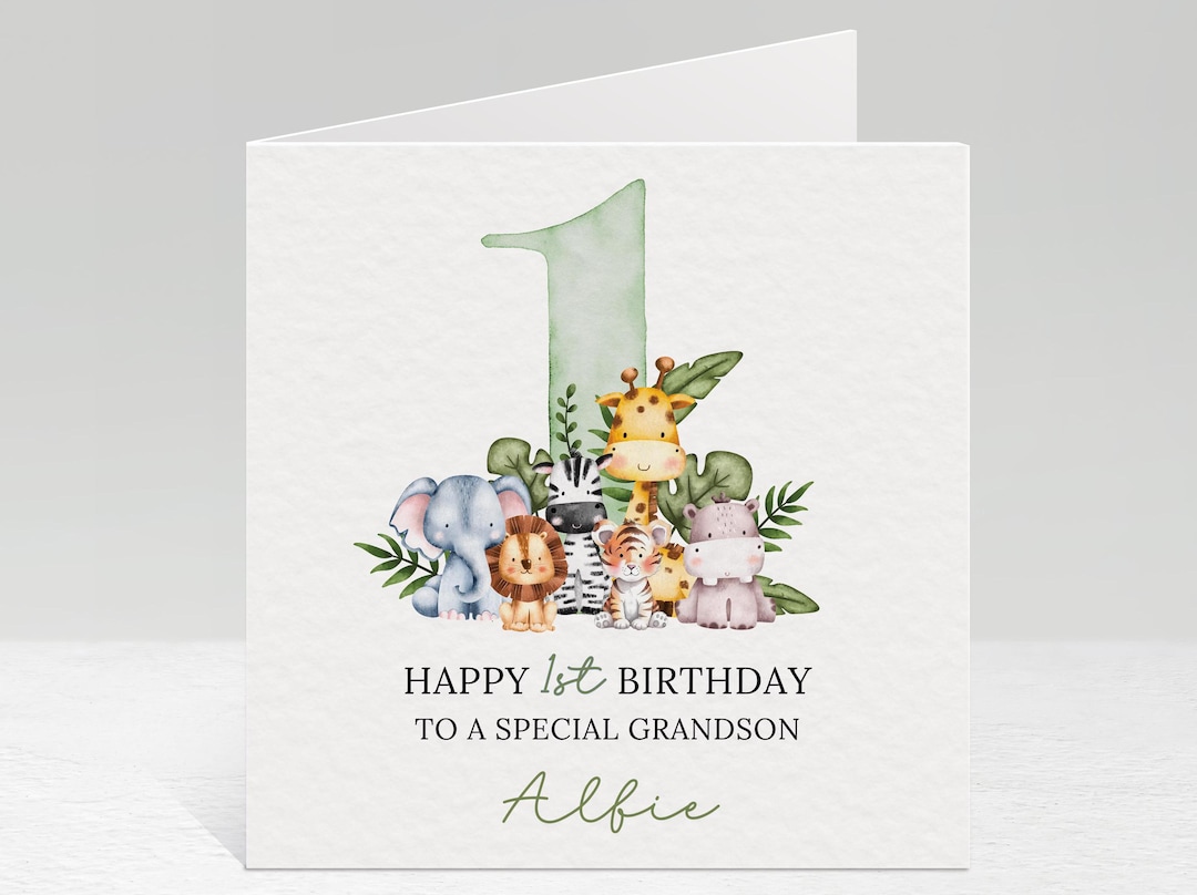 Personalised Safari Animal 1st Birthday Card, Age 1 One Years, Any Name ...