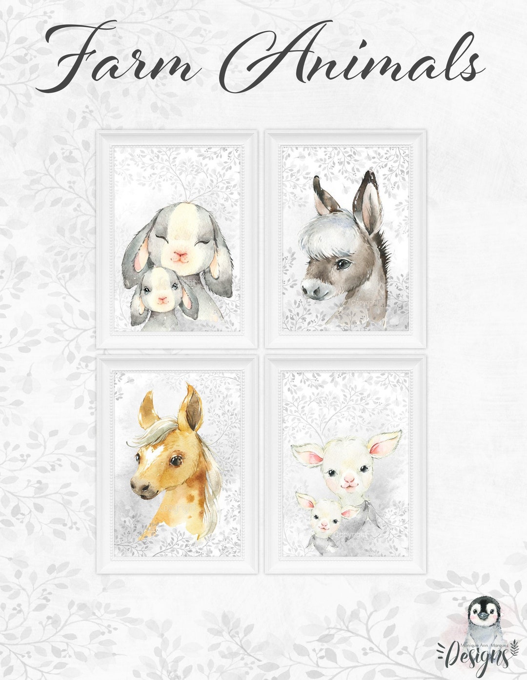 FARM Animals Nursery Print Baby Decor Wall Art Fine Art Print set 44 ...