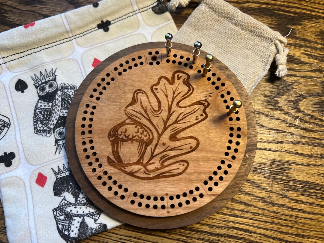 Oak Leaf and Acorn Laser Engraved Mini Circle Cribbage Board With ...