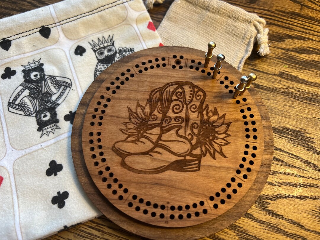 Sunflower Cowboy Boots Laser Engraved Mini Circle Cribbage Board With ...