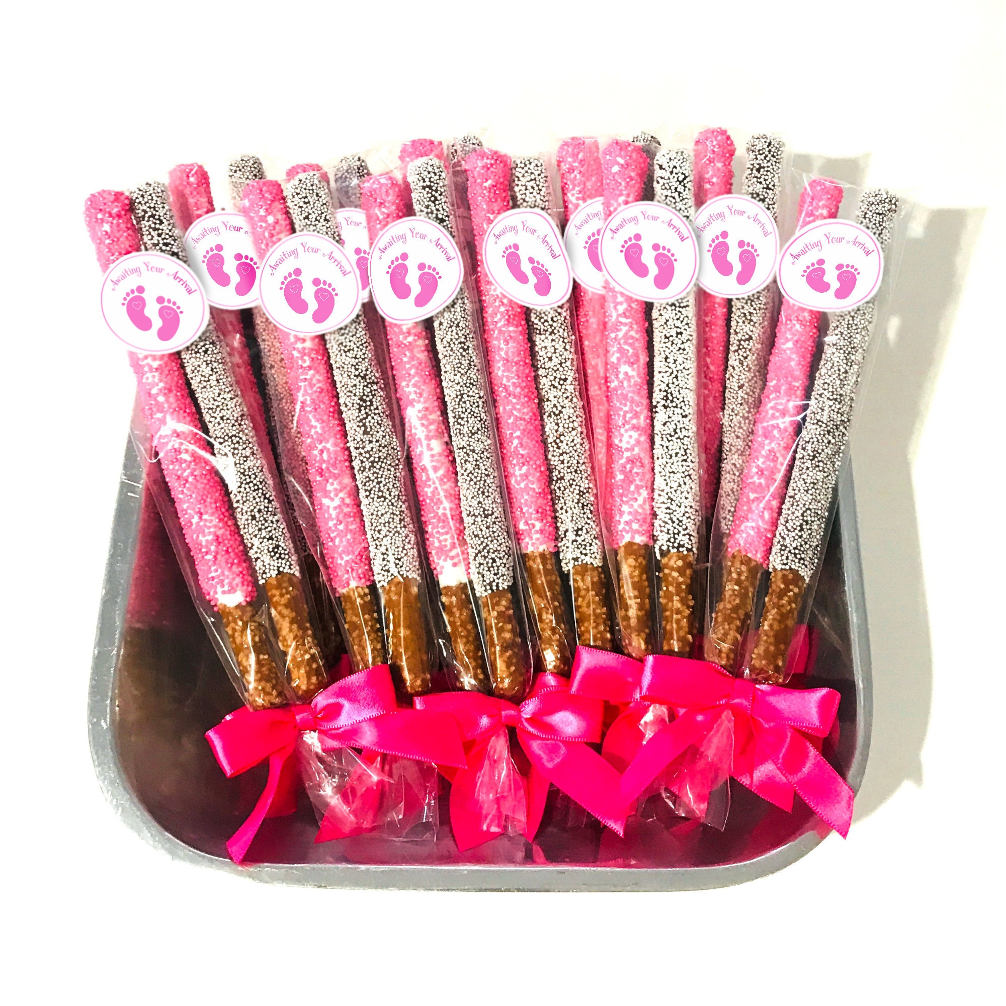 Girl Baby Shower Chocolate Pretzel Rods - BRIGHT Pink & White ...