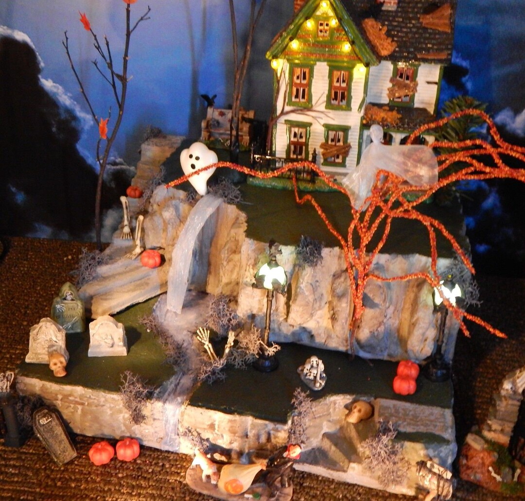 Haunted 2 WATERFALLS, Halloween Village 2 Pc DISPLAY Platform Base for ...