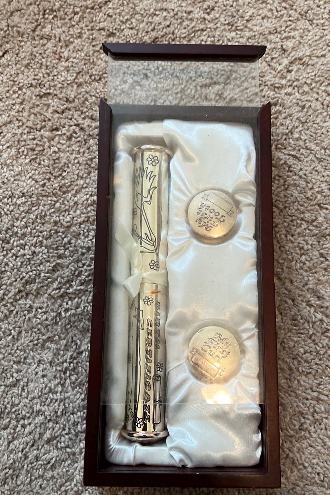 Silver My First Curl first Tooth Birth Certificate Wood Silk Lined Box ...