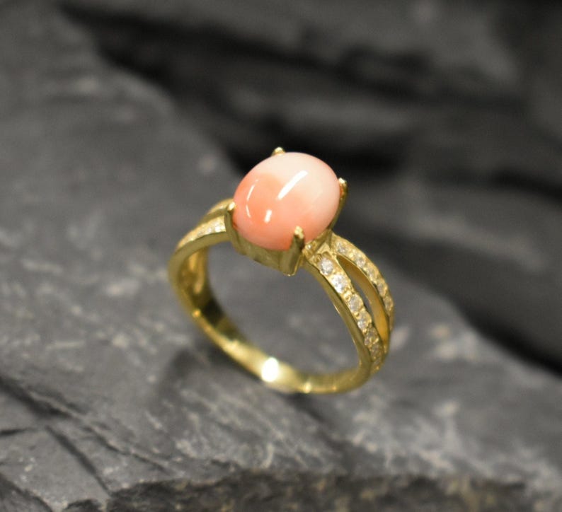 Gold Coral Ring, Natural Coral Ring, March Birthstone, Gold Engagement ...