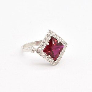 Red Square Ring, Created Ruby, Vintage Cocktail Ring, Diamond Halo Ring ...