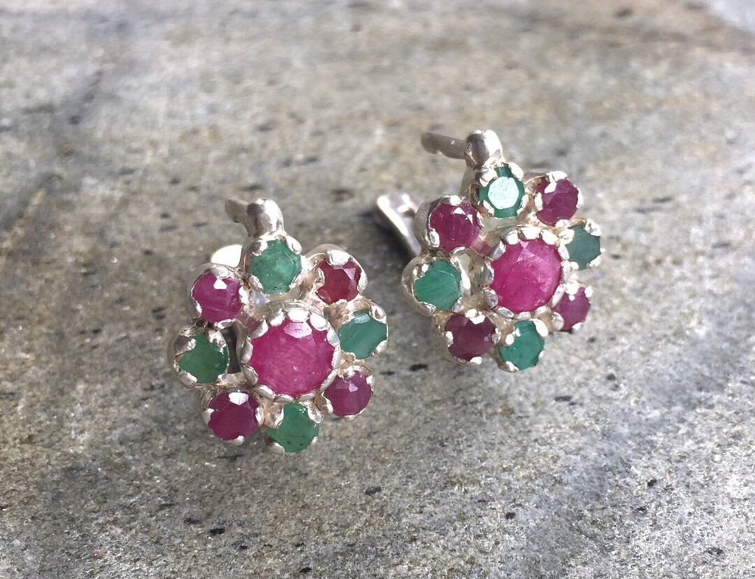 Flower Earrings, Ruby Earrings, Natural Ruby, Emerald Earrings, Natural ...