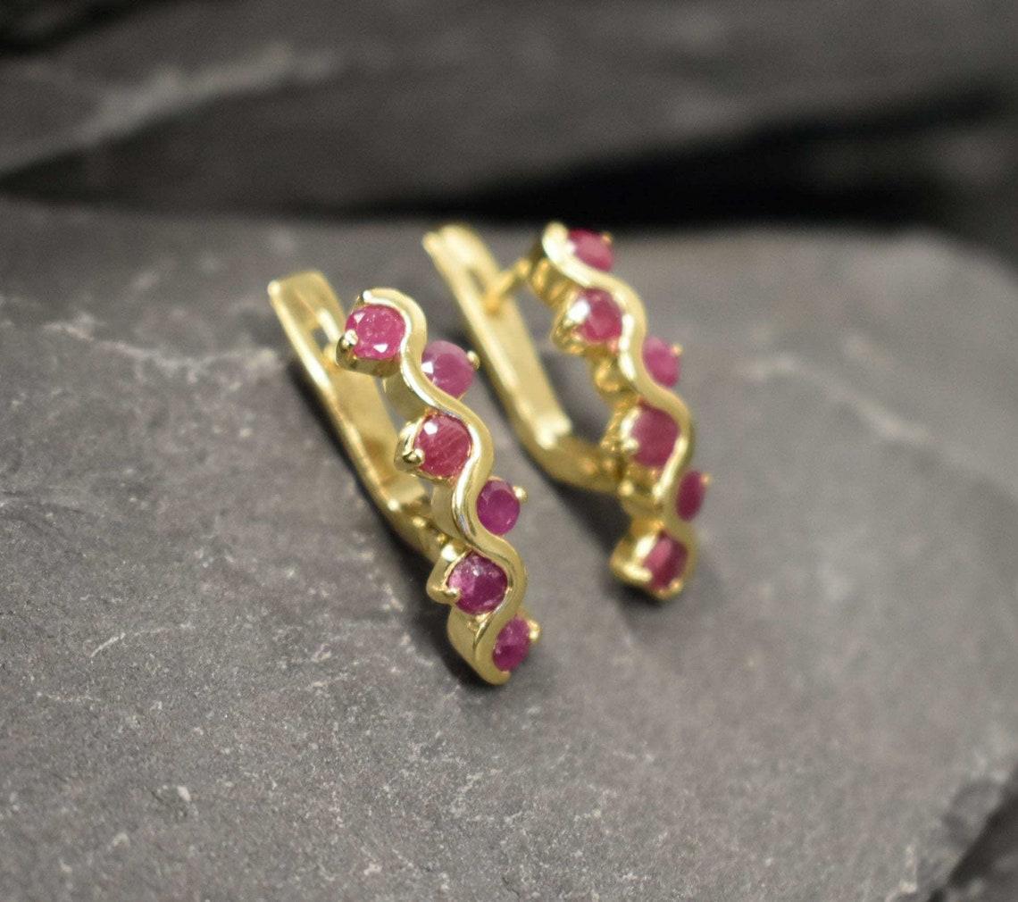 Gold Ruby Earrings, Natural Ruby, Vintage Earrings, Gold Plated ...