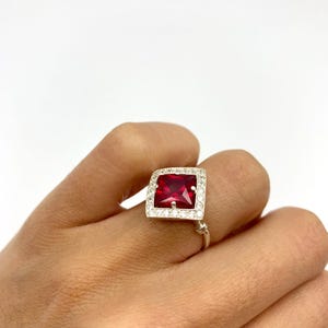 Red Square Ring, Created Ruby, Vintage Cocktail Ring, Diamond Halo Ring, Classy Ruby Ring ...