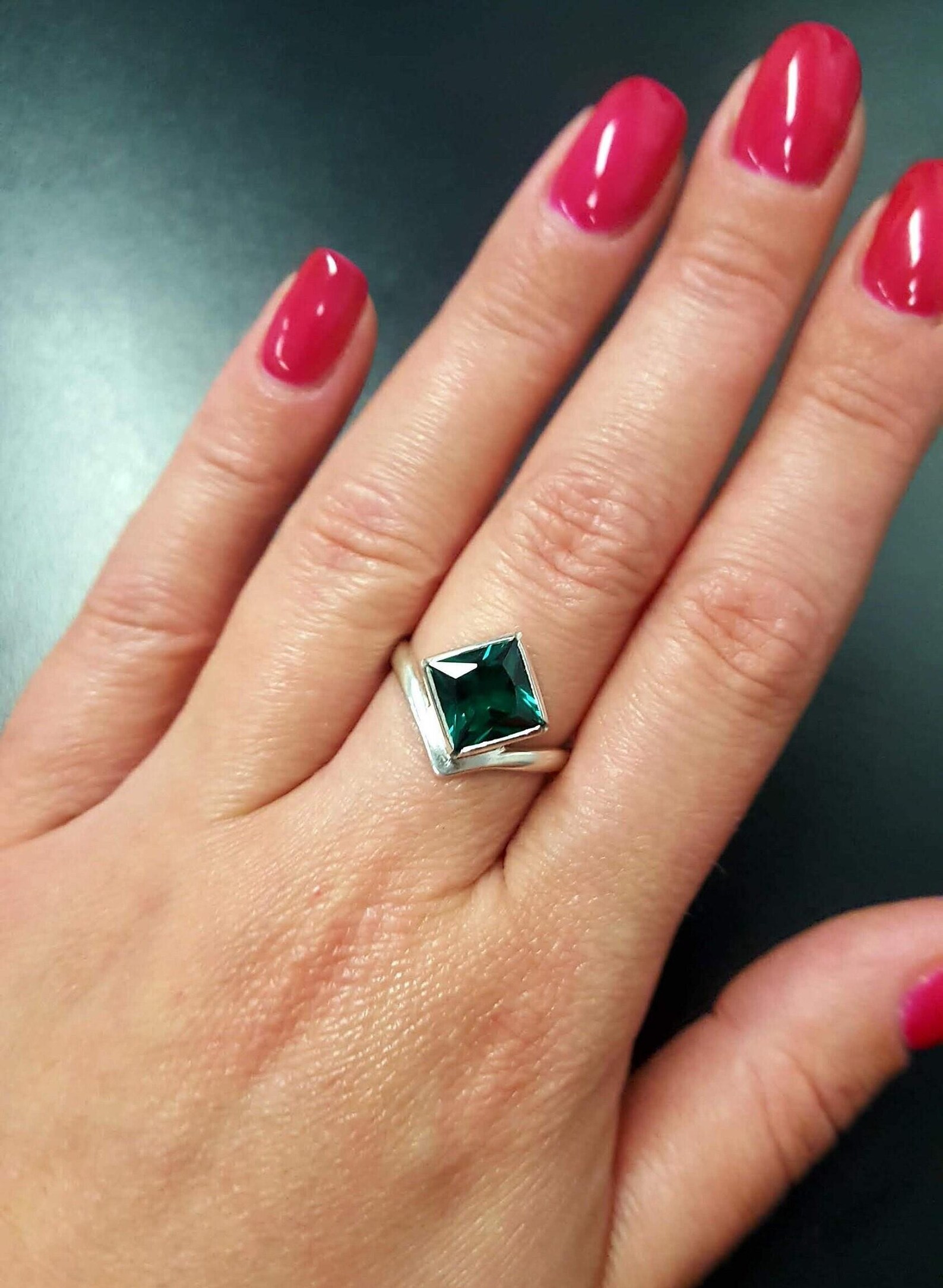 Asymmetric Ring, Square Ring, Created Emerald Ring, Artisan Ring, Green ...