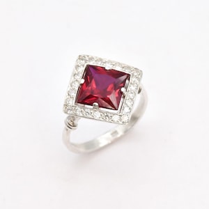Red Square Ring, Created Ruby, Vintage Cocktail Ring, Diamond Halo Ring, Classy Ruby Ring ...