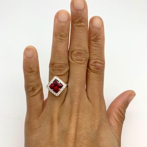 Red Square Ring, Created Ruby, Vintage Cocktail Ring, Diamond Halo Ring, Classy Ruby Ring ...
