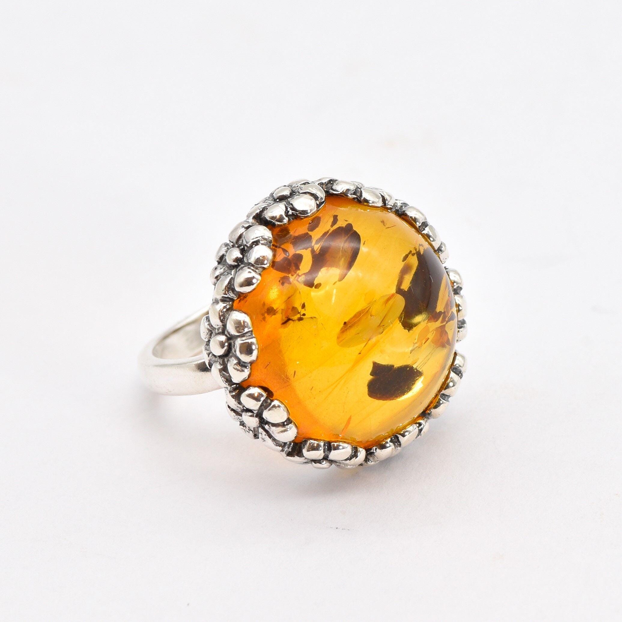 Large Amber Ring, Natural Amber, Yellow Statement Ring, Flower Cocktail ...