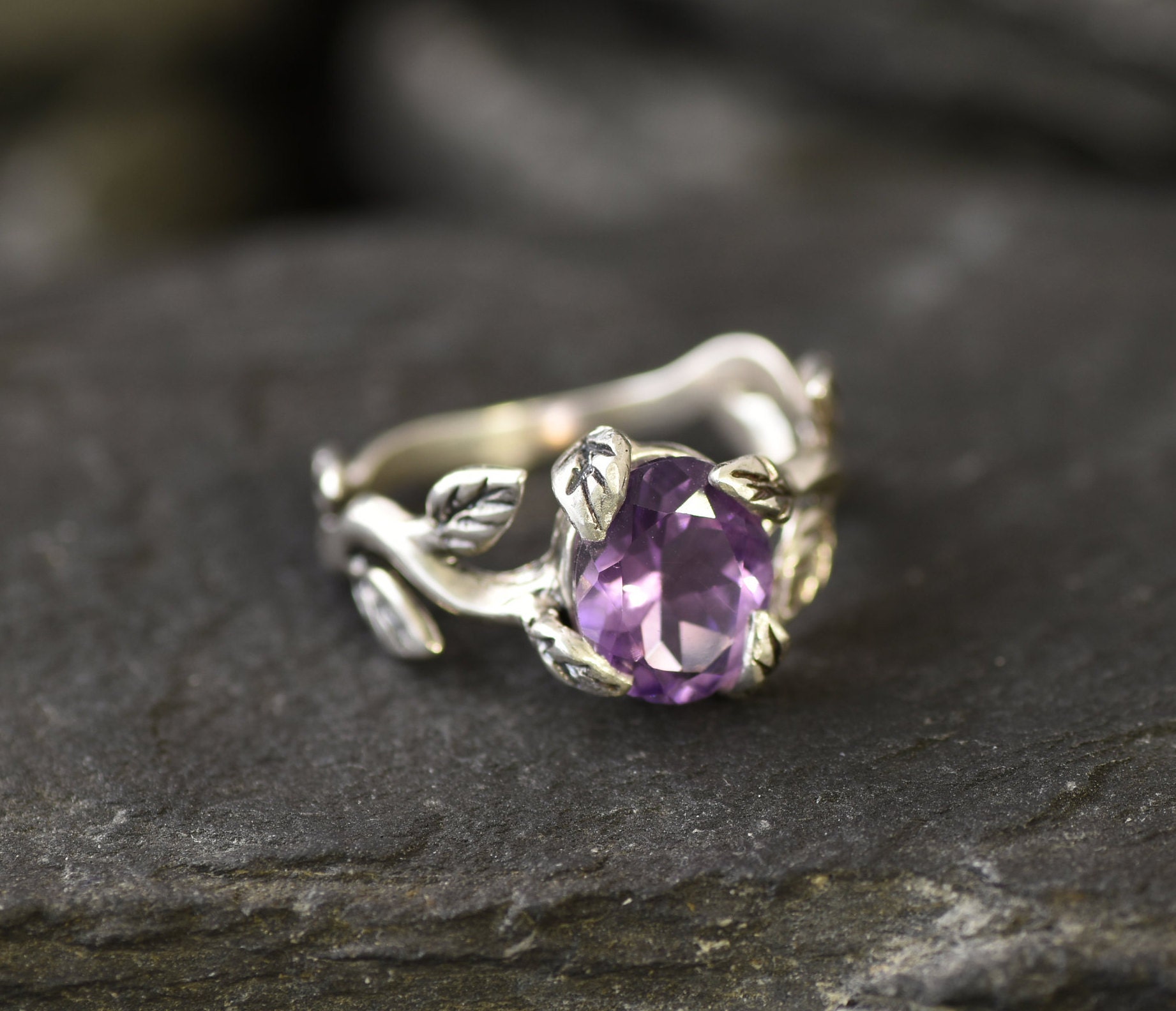 Leaf Amethyst Ring Flower Ring Natural Amethyst Bohemian | Etsy