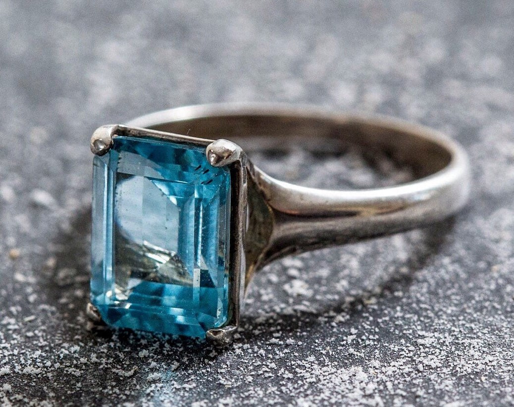 Square Ring Blue Topaz Ring Natural Blue Topaz Vintage - Etsy UK
