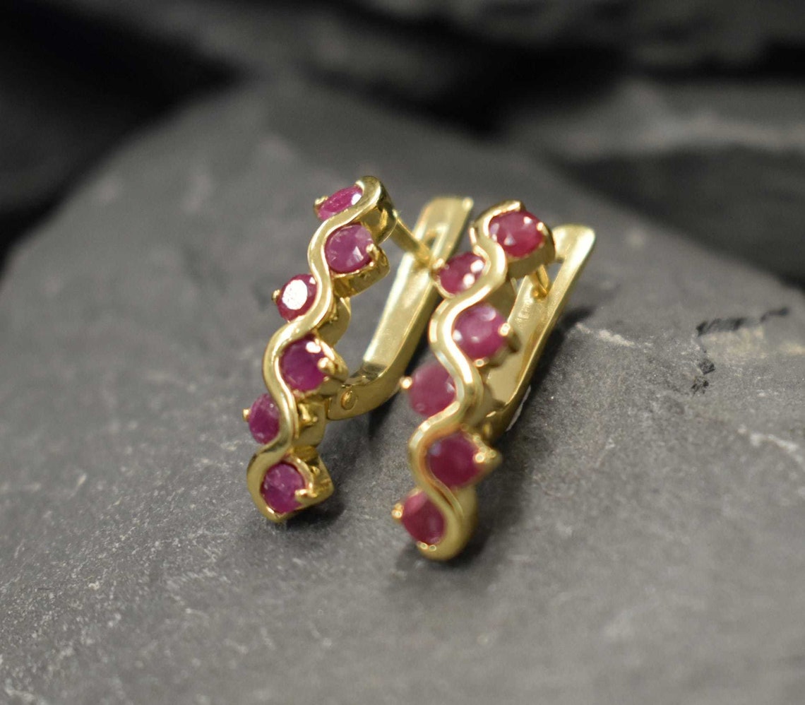 Gold Ruby Earrings, Natural Ruby, Vintage Earrings, Gold Plated ...