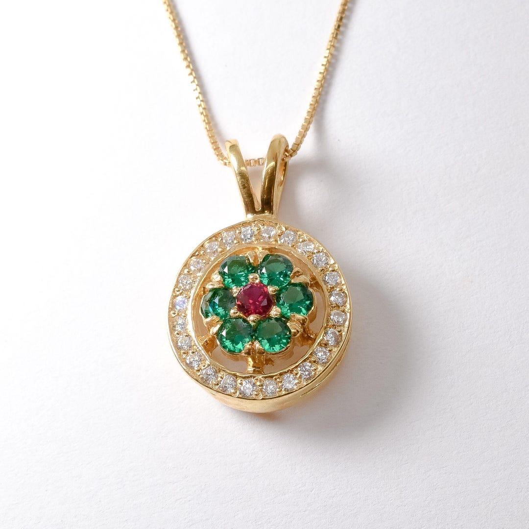 Gold Emerald Flower Pendant, Created Emerald, Cluster Emerald Necklace ...