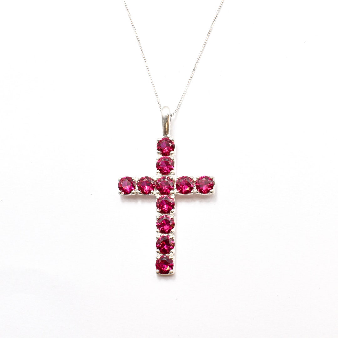 Ruby Cross Pendant, Created Ruby, Red Cross Necklace, July Birthstone ...