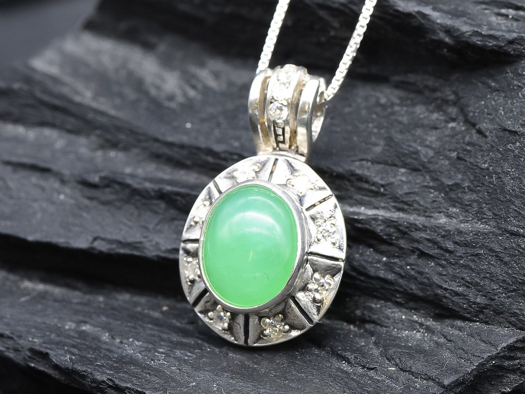 Silver Chrysoprase Pendant, Oval Halo Pendant, Natural Chrysoprase, May ...