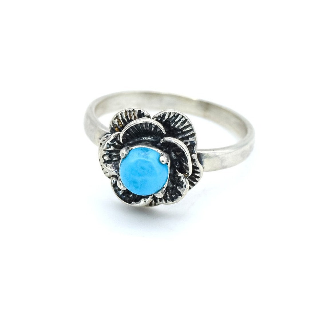Turquoise Ring, Natural Turquoise, December Ring, Silver Flower Ring ...