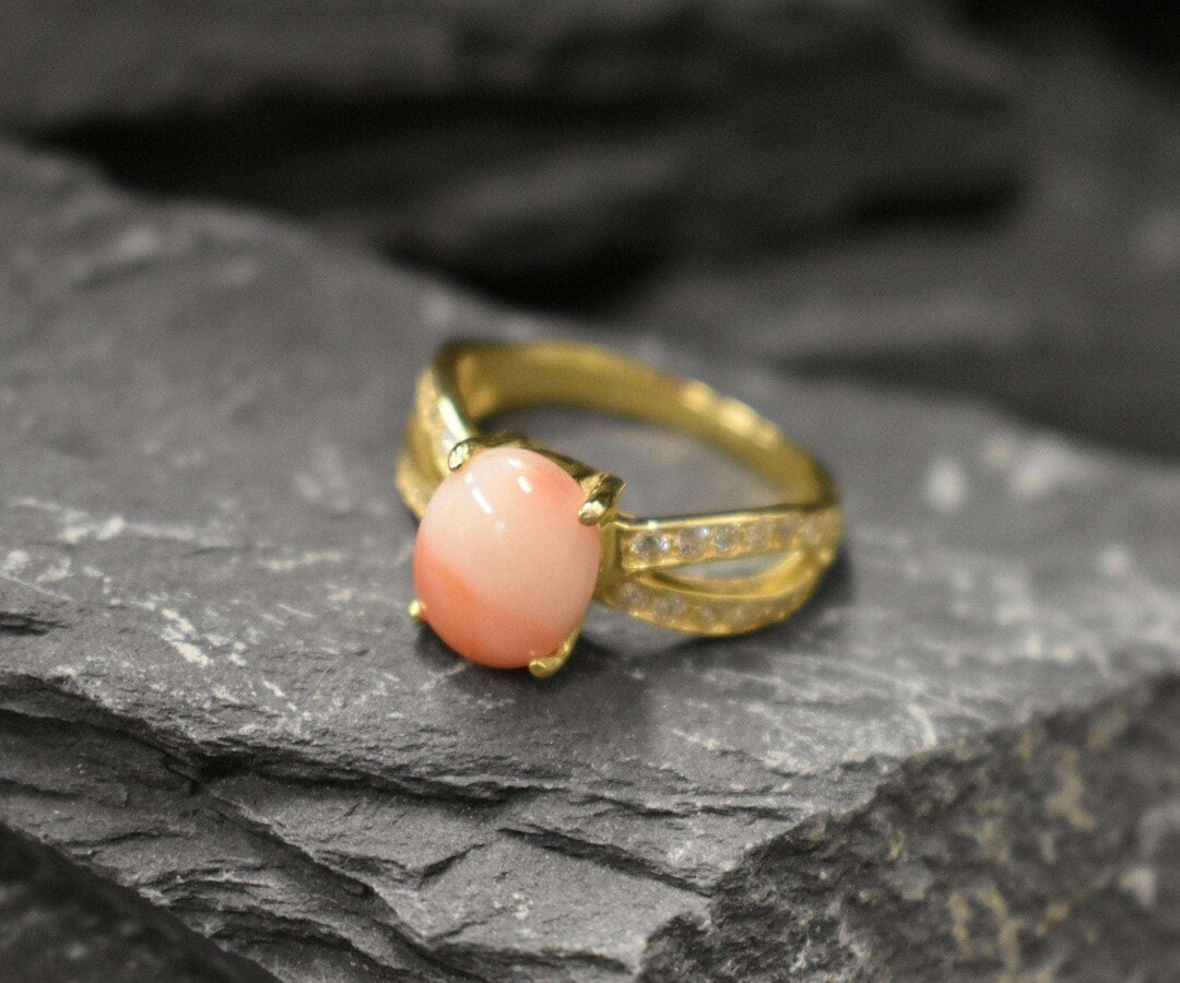 Gold Coral Ring, Natural Coral Ring, March Birthstone, Gold Engagement ...