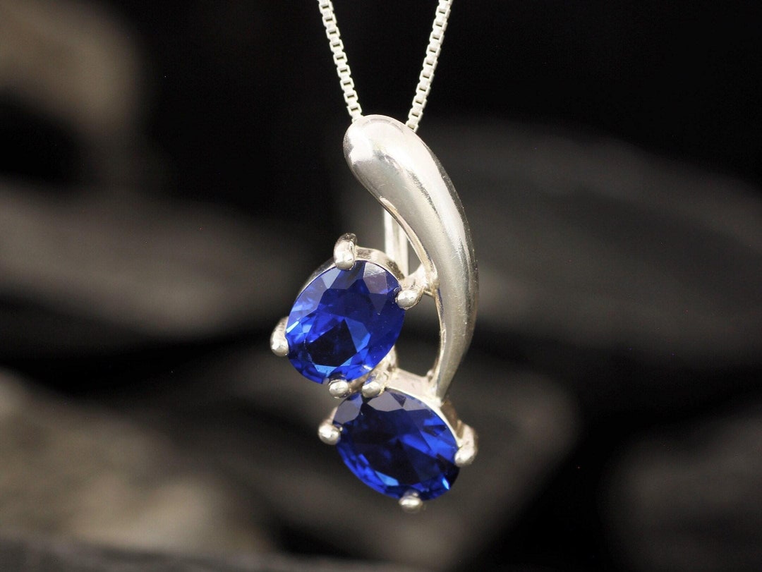 Sapphire Pendant, Two Stone Pendant, Created Sapphire Necklace, Blue ...