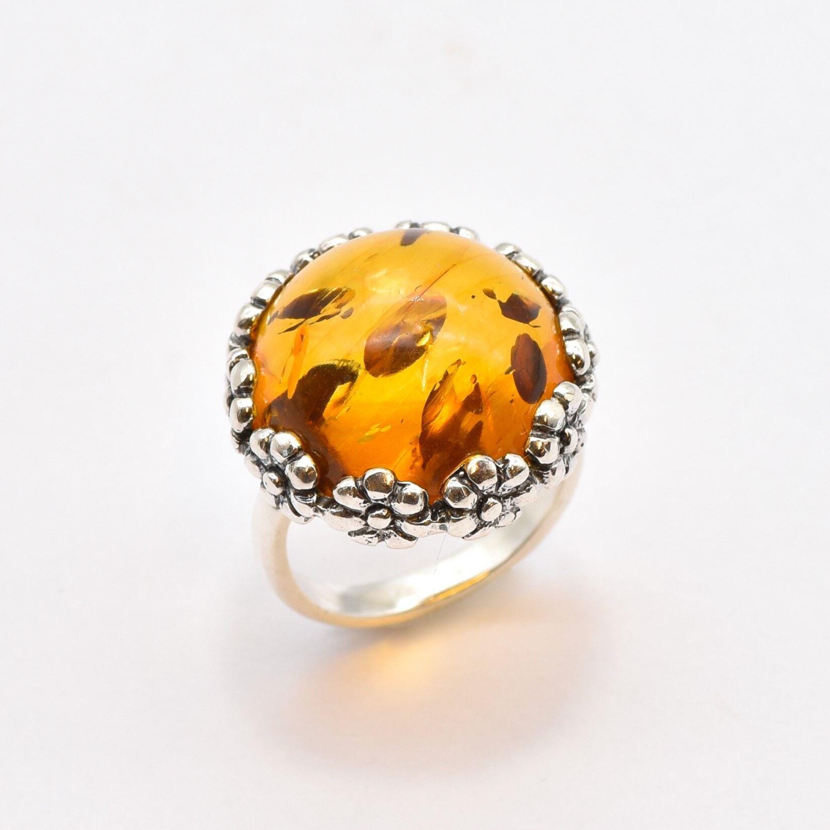 Large Amber Ring, Natural Amber, Yellow Statement Ring, Flower Cocktail ...